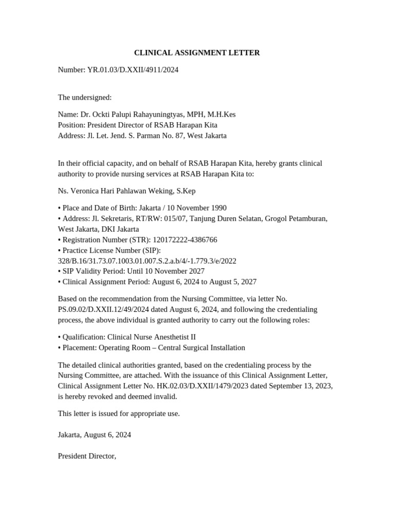 Complete Clinical Assignment Letter Ns Veronica 2024 | PDF | Anesthesia ...