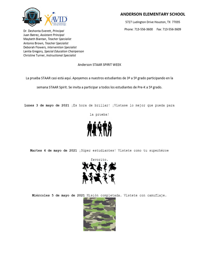 AES STAAR Spirit Week-Spanish | PDF
