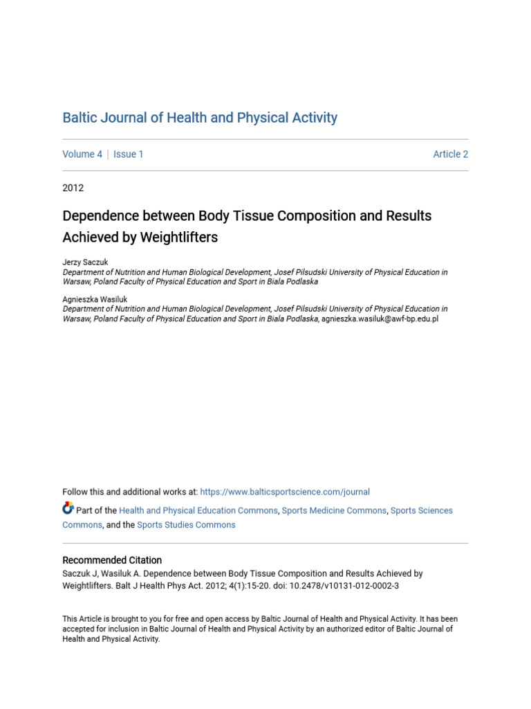Dependence Between Body Tissue Composition and Results Achieved by ...