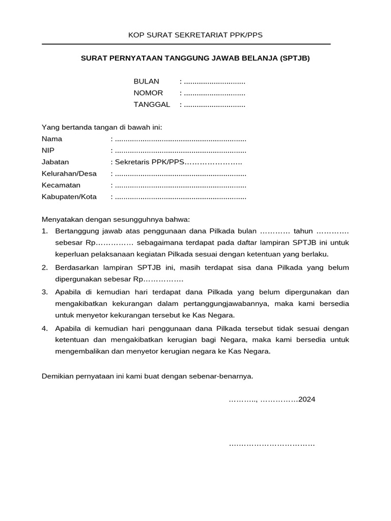 Surat Pernyataan Tanggung Jawab Belanja Pilkada | PDF