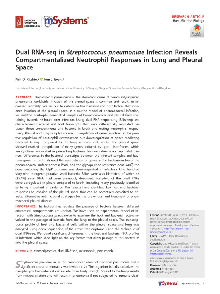 Dual RNA-seq in Streptococcus Pneumoniae Infection Reveals ...