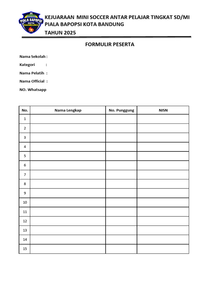 Form Peserta Piala Bapopsi 2025 Fix | PDF
