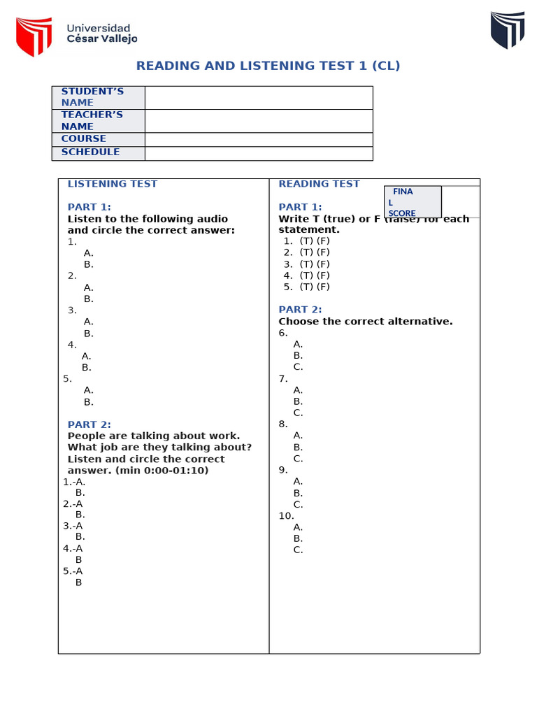 English I - Reading and Listening Test 1 | PDF