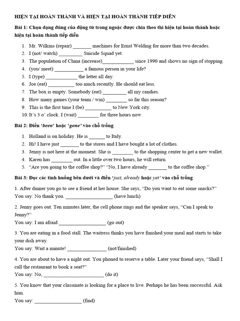 731674107 Bt Hiện Tại Hoan Thanh Va Hiện Tại Hoan Thanh Tiếp Diễn | PDF