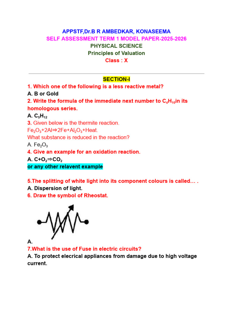 10th PS SAT-1 KEY 2025-26 | PDF | Chemical Reactions | Carbonate