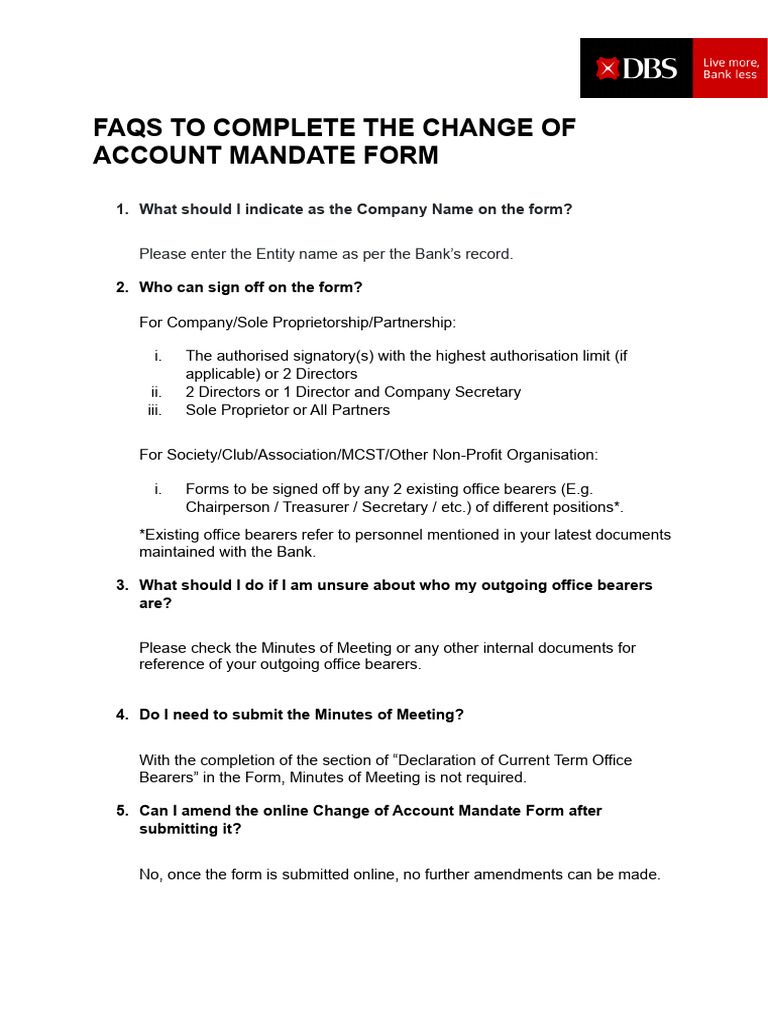 DBS FAQs - Change of Mandate Form | PDF