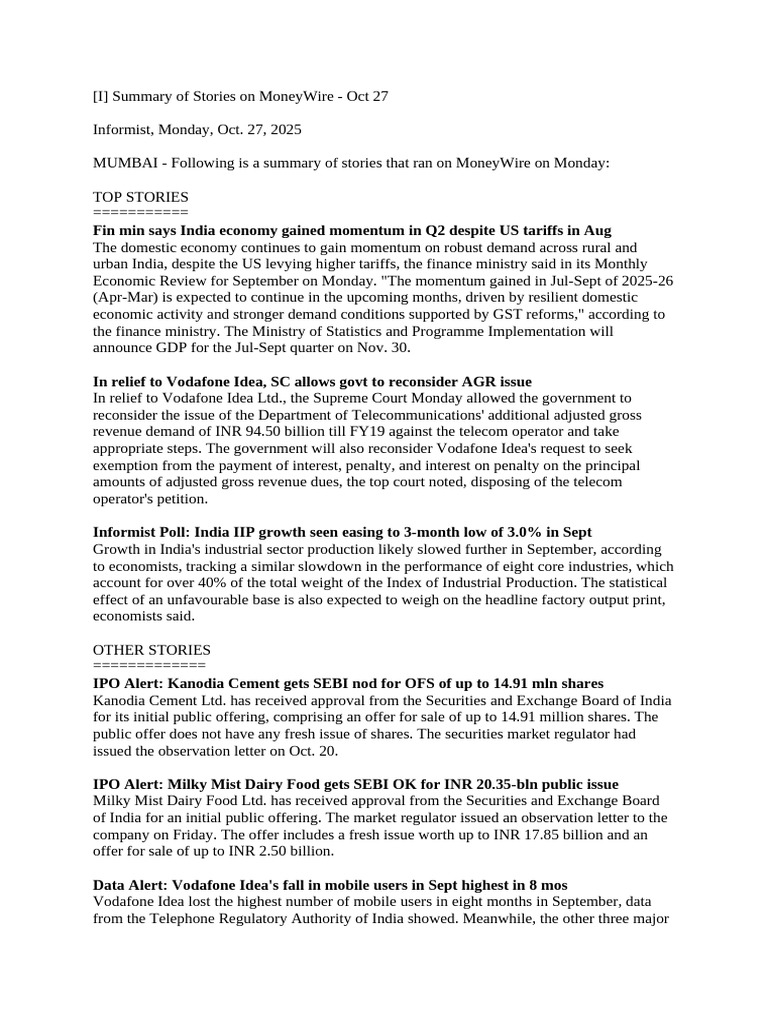 Money Summary 27-10-2025-1800 IST Updated | PDF | Reserve Bank Of India ...