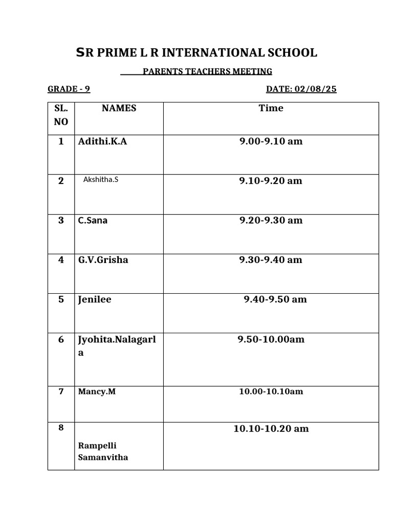 Grade 9 PA-01 PTM Time Slots 2025 | PDF