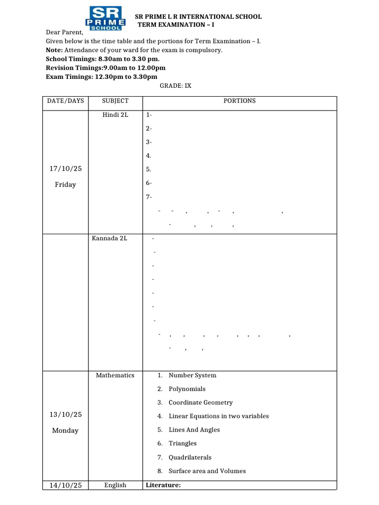 Grade IX Term Exam Timetable 2025 | PDF | Atoms | Physics