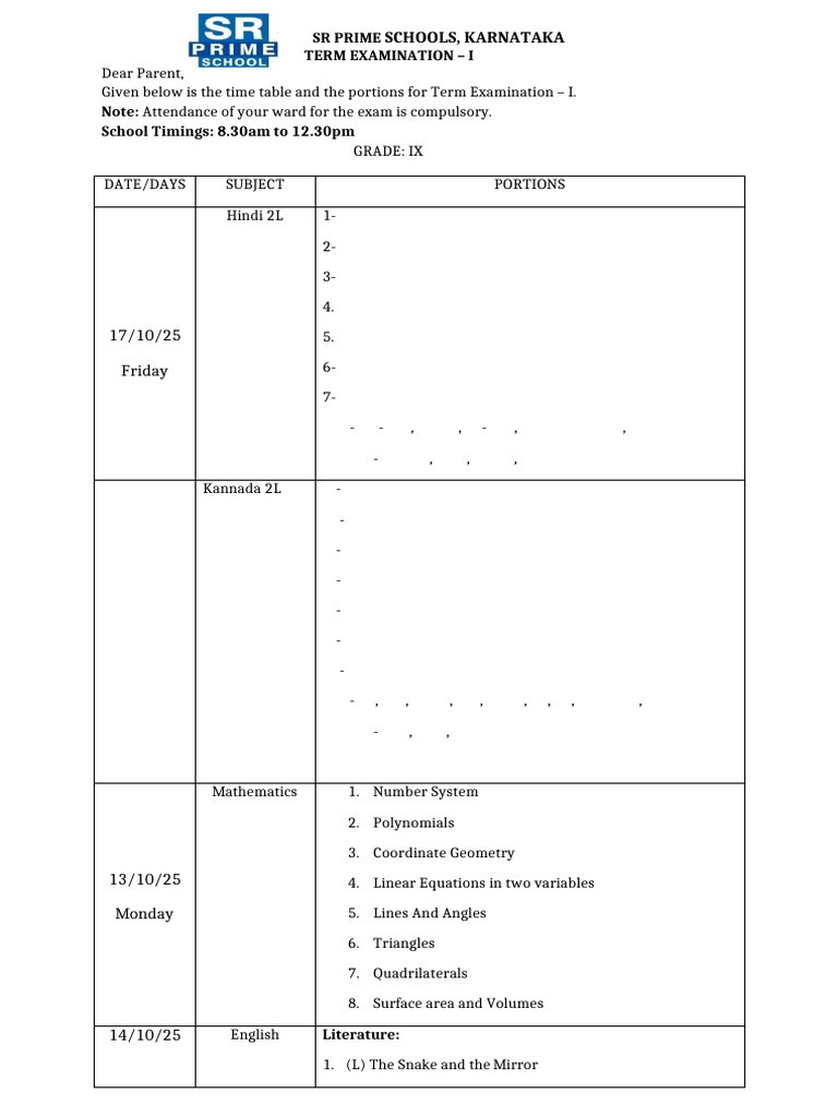 Grade IX Term Exam Timetable 2025 | PDF | Physics