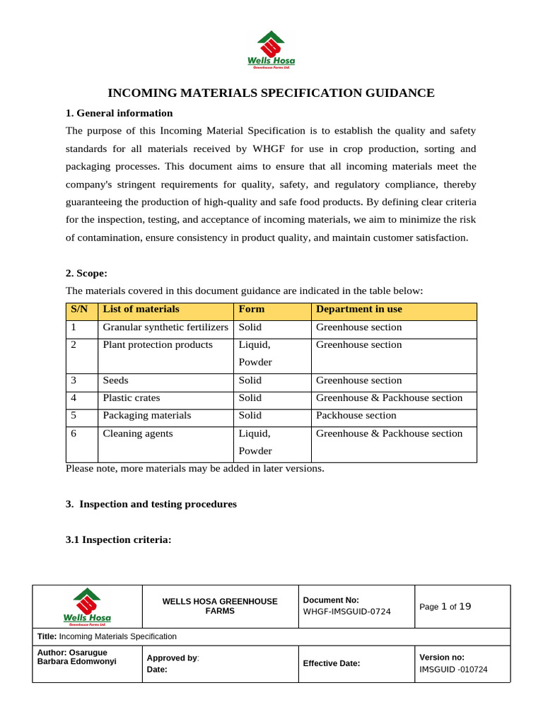 Incoming Material Specifications | PDF | Seed | Maize