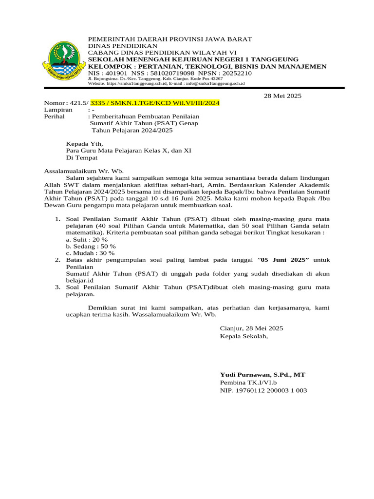 Pemberitahuan PSAT 2024/2025 SMKN 1 Tanggeung | PDF