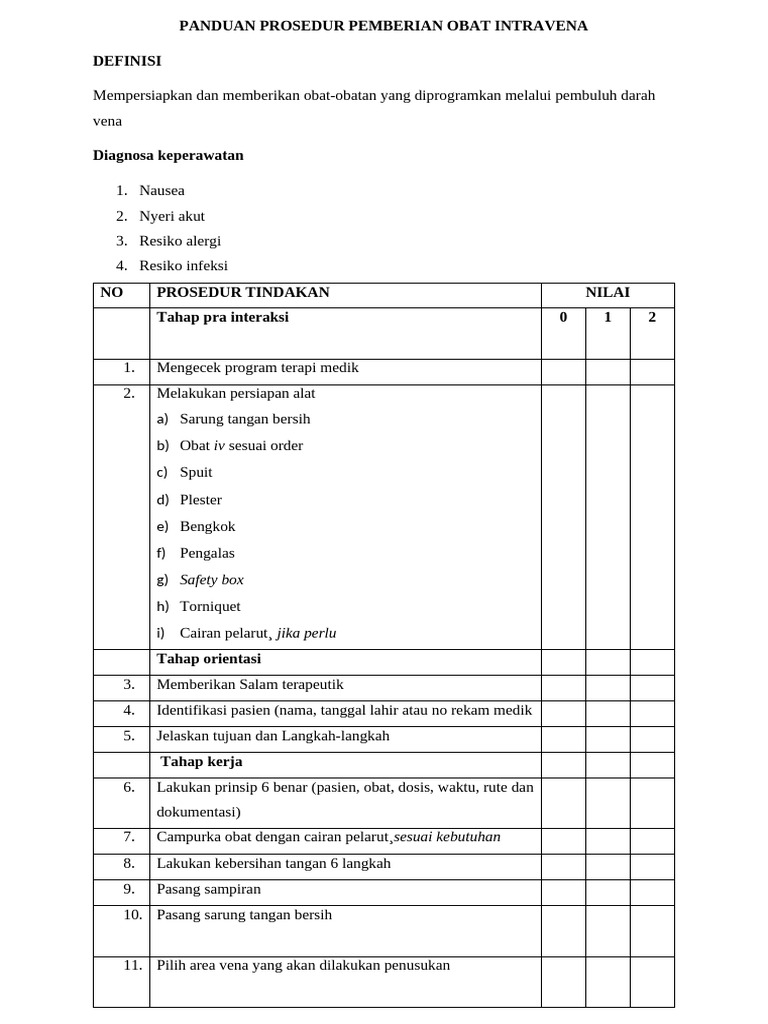 Daftar Tilik Prosedur Pemberian Obat Intravena | PDF