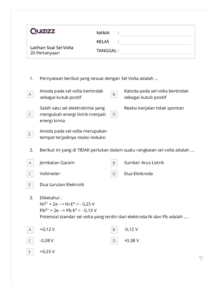 Latihan Soal Sel Volta 20 Pertanyaan | PDF