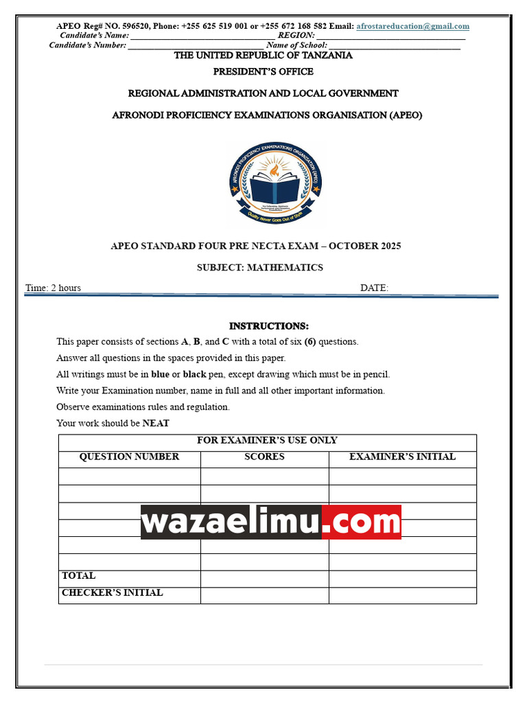APEO Standard Four Math Exam 2025 | PDF | Area | Mathematics