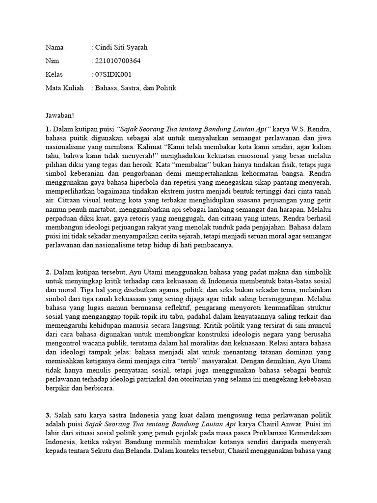 UTS Bahasa, Sastra, Dan Politik, Cindi Siti Syarah_221010700364 | PDF