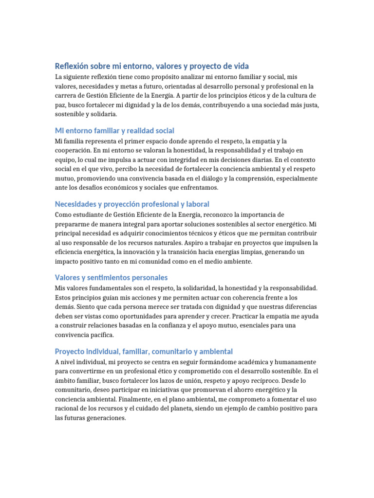 Reflexion Entorno Valores y Proyecto de Vida | PDF | Sustentabilidad ...