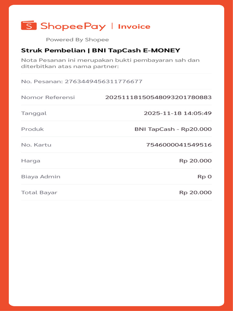 Struk Pembelian BNI TapCash Rp20.000 | PDF