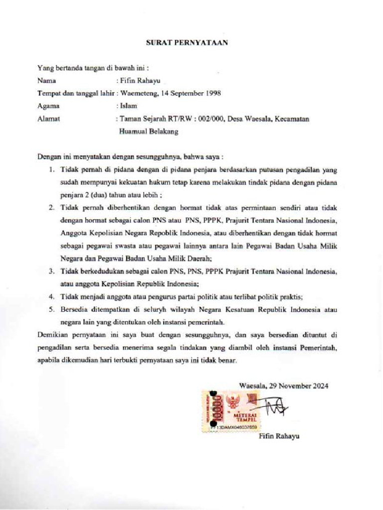 Surat Pernyataan Fifin | PDF