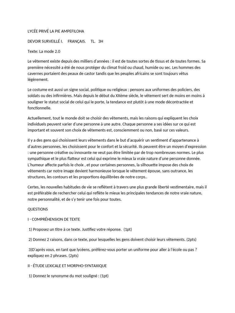 La mode : choix et expression personnelle | PDF | Phrase
