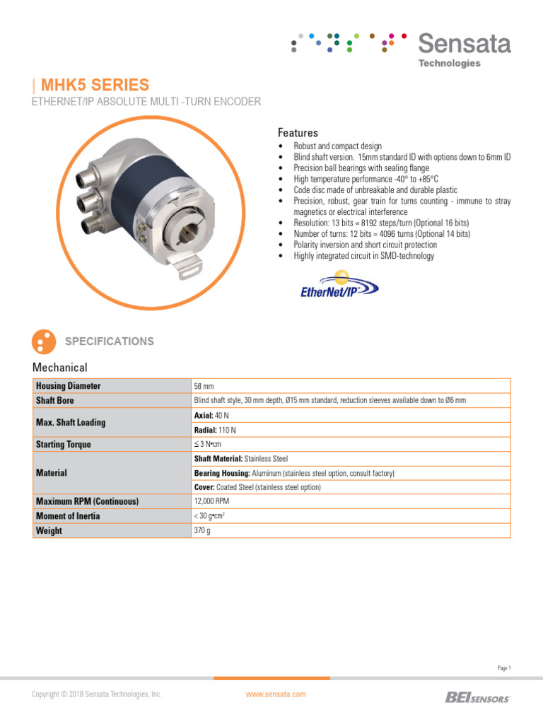 Sensata Mhk5 Ethernet Ip Mt Absolute Encoder Datasheet | PDF ...