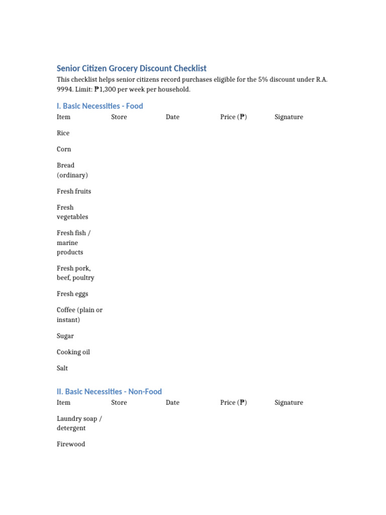 Senior Citizen Grocery Discount Checklist | PDF