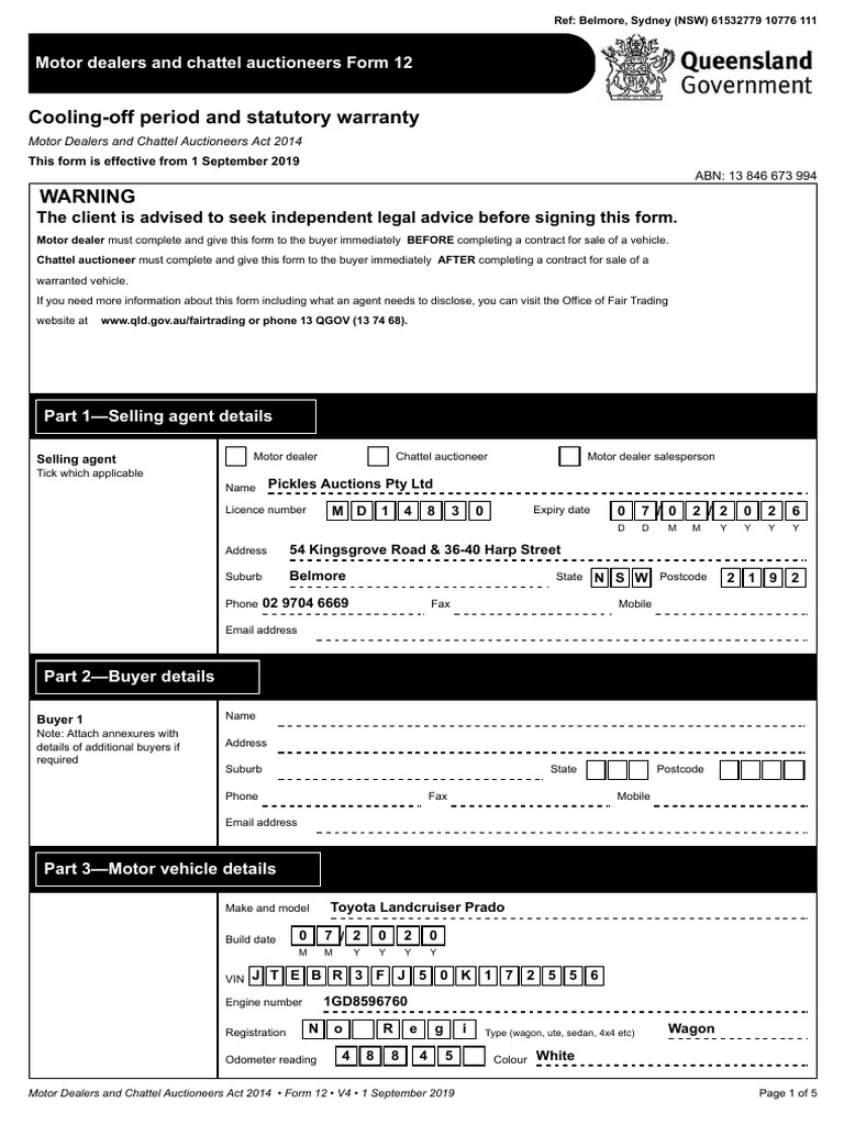 Form 12 QLD - 61532779 - 18072025043253 | PDF | Car Dealership | Common Law