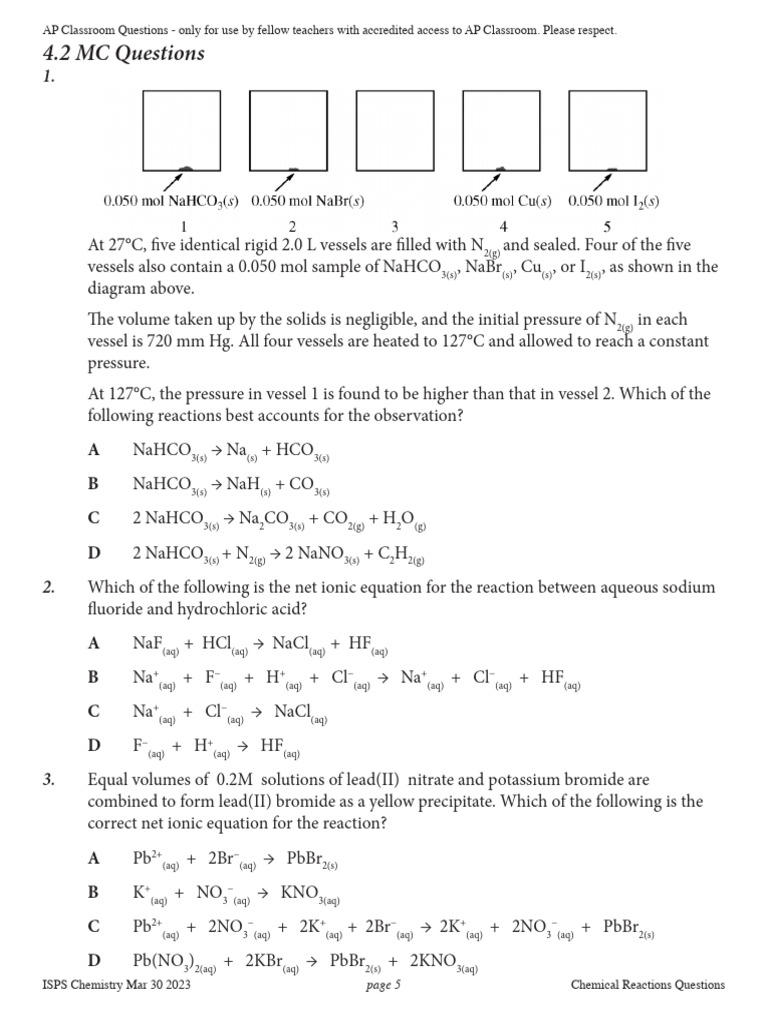 AP Chemistry Chemical Reactions Quiz | PDF | Redox | Chemical Reactions