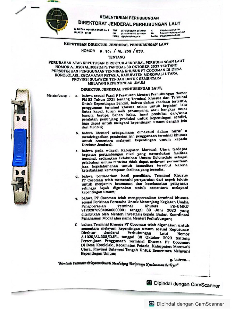 Perubahan Keputusan Atas Persetujuan Penggunaan Terminal Khusus PT ...