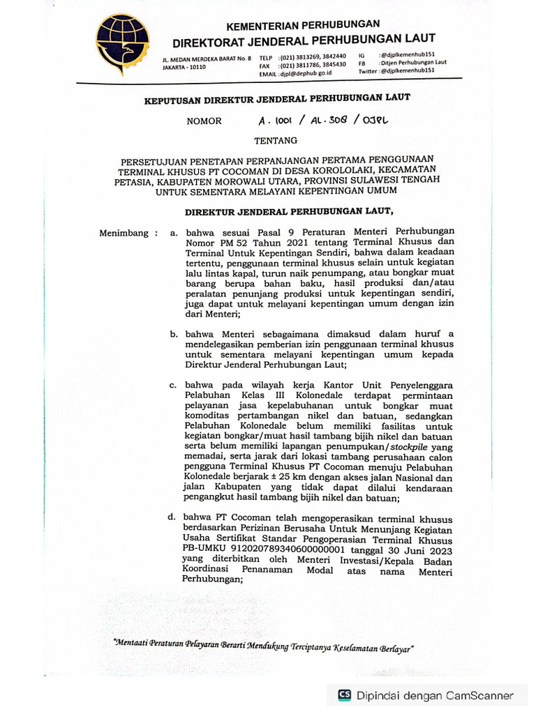 Persetujuan Penetapan Perpanjangan Pertama Penggunaan Terminal Khusus ...