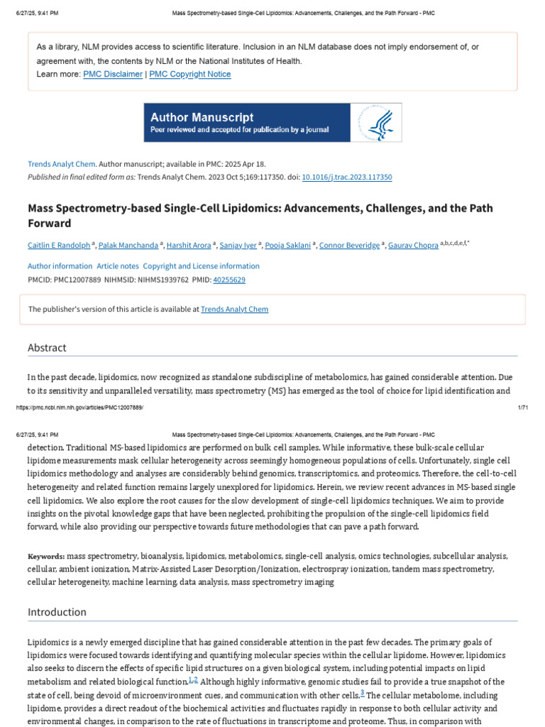 Mass Spectrometry-Based Single-Cell Lipidomics - Advancements ...