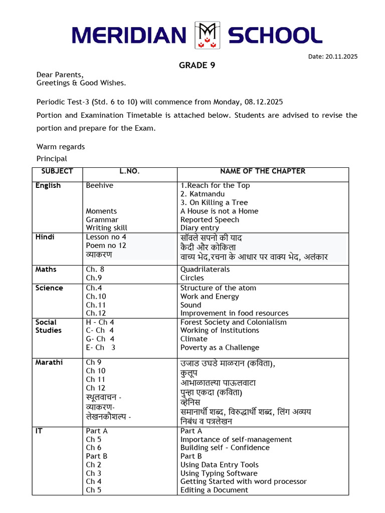 Grade 9 - PT 3 Portion Timetable | PDF