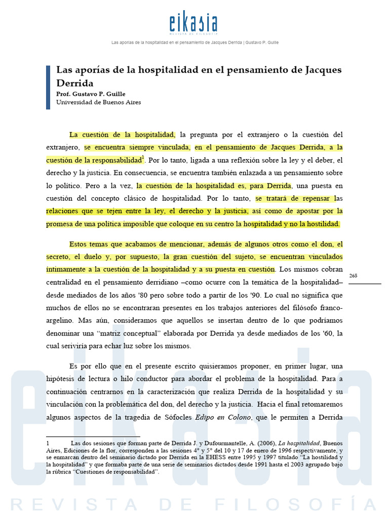 Las Aporías de La Hospitalidad en El Pensamiento de Jacques Derrida ...