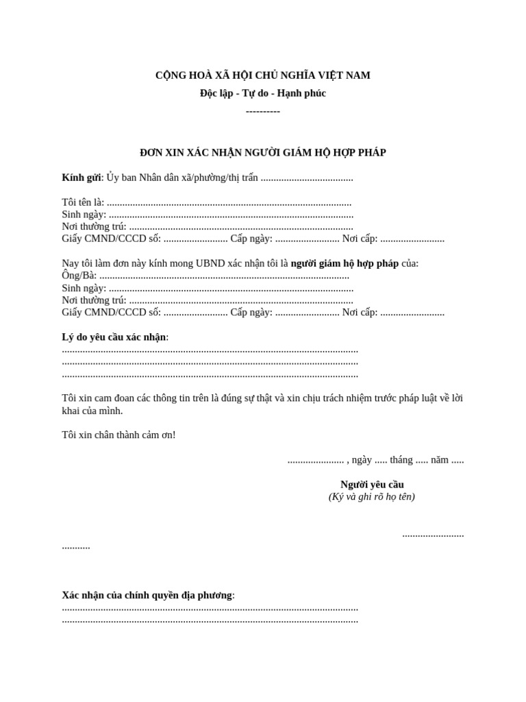 Mau Don Xin Xac Nhan Nguoi Giam Ho Hop Phap | PDF