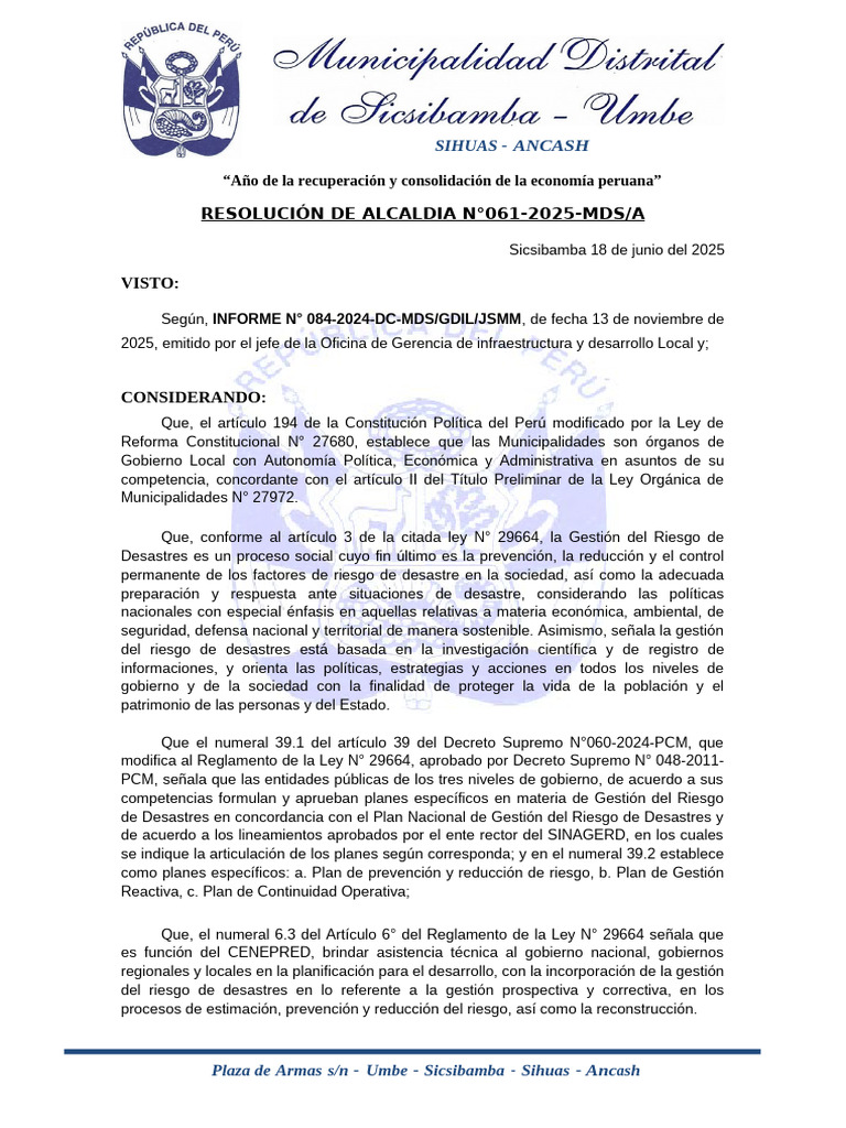 RESOLUCIÓN DE ALCALDIA N° 061-EQUIPO TECNICO. | PDF | Perú | Gobierno local
