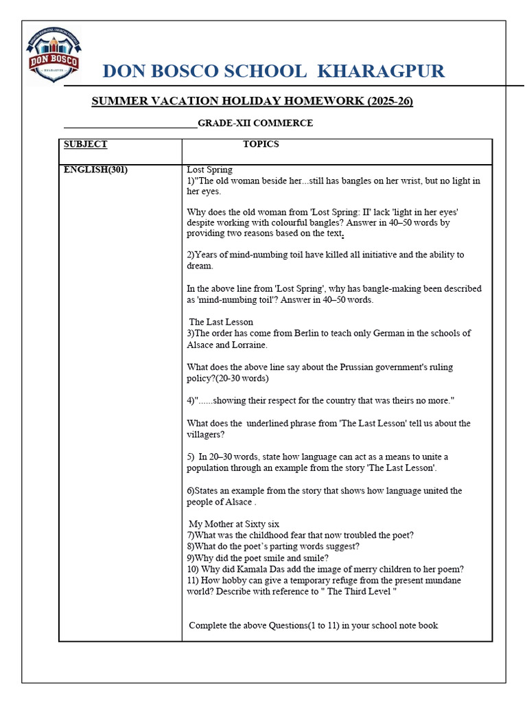 Grade 12 Commerce Holiday Homework | PDF
