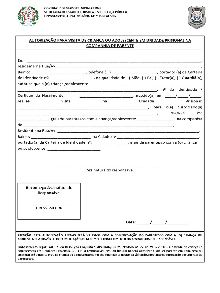 Autorização para Visita de Criança Ou Adolescente | PDF | Parentesco