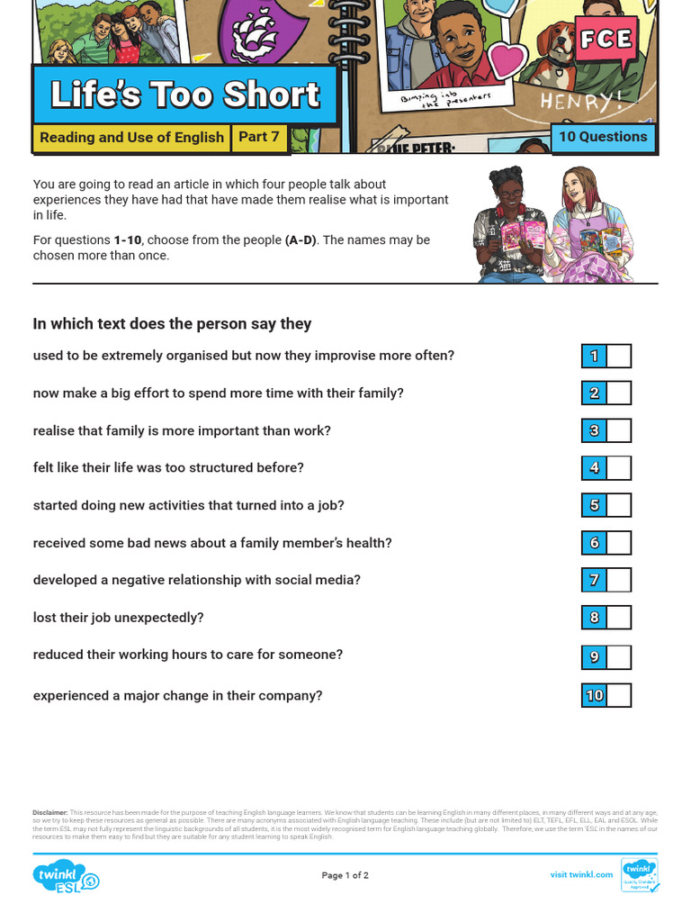 Life Lessons: ESL Reading Practice | PDF | English As A Second Or ...