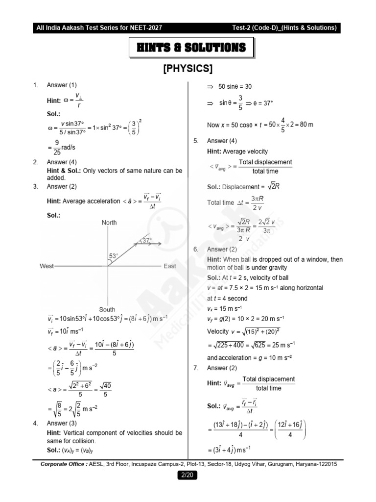 AIATS-2027 (TYM) Test-02 - Code-D - (02-11-2025) - Sol - Removed | PDF ...