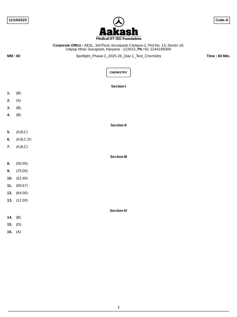 Spotlight Phase-1 (2025-26) Day-1 Test Chemistry (Sol.) | PDF | Mole ...