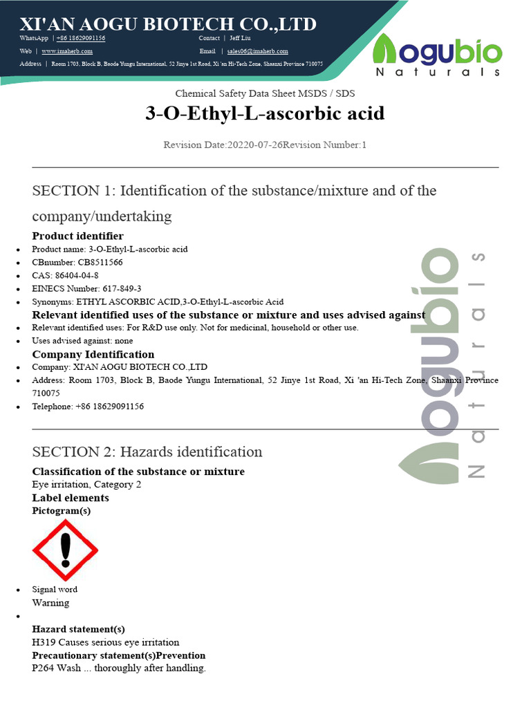 3-O-Ethyl-L-Ascorbic Acid MSDS Guide | PDF | Dangerous Goods | Working ...