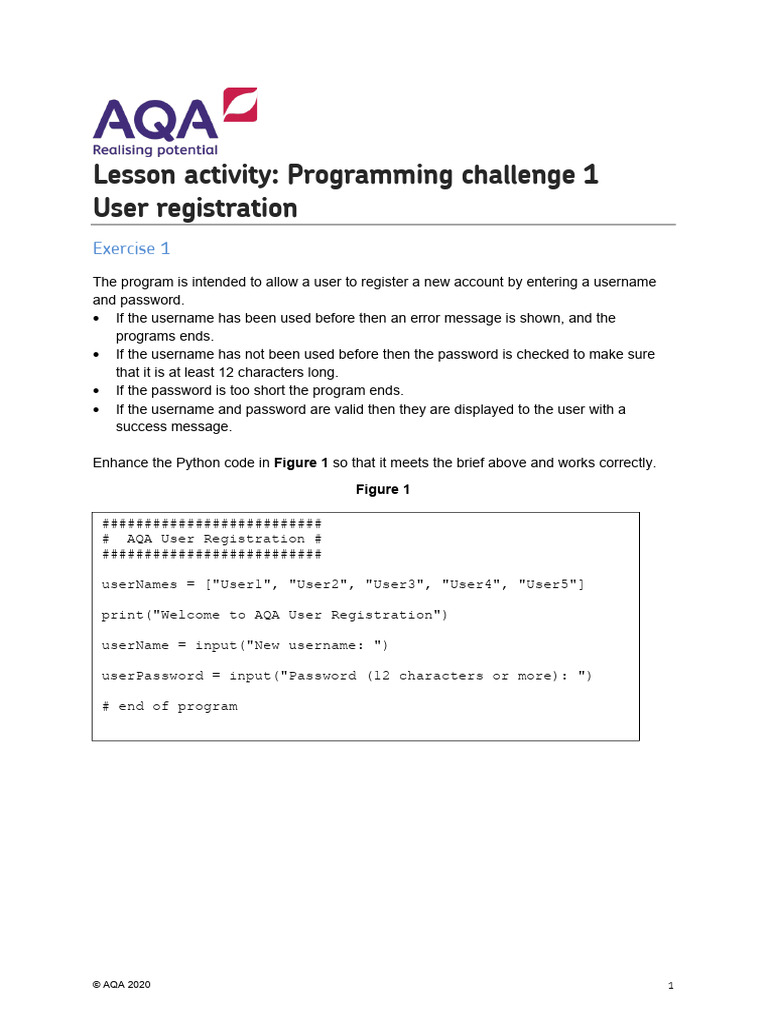 Lesson Activity - Programming Challenge 1 - AQA-85251-LA-PC1 PDF | PDF ...