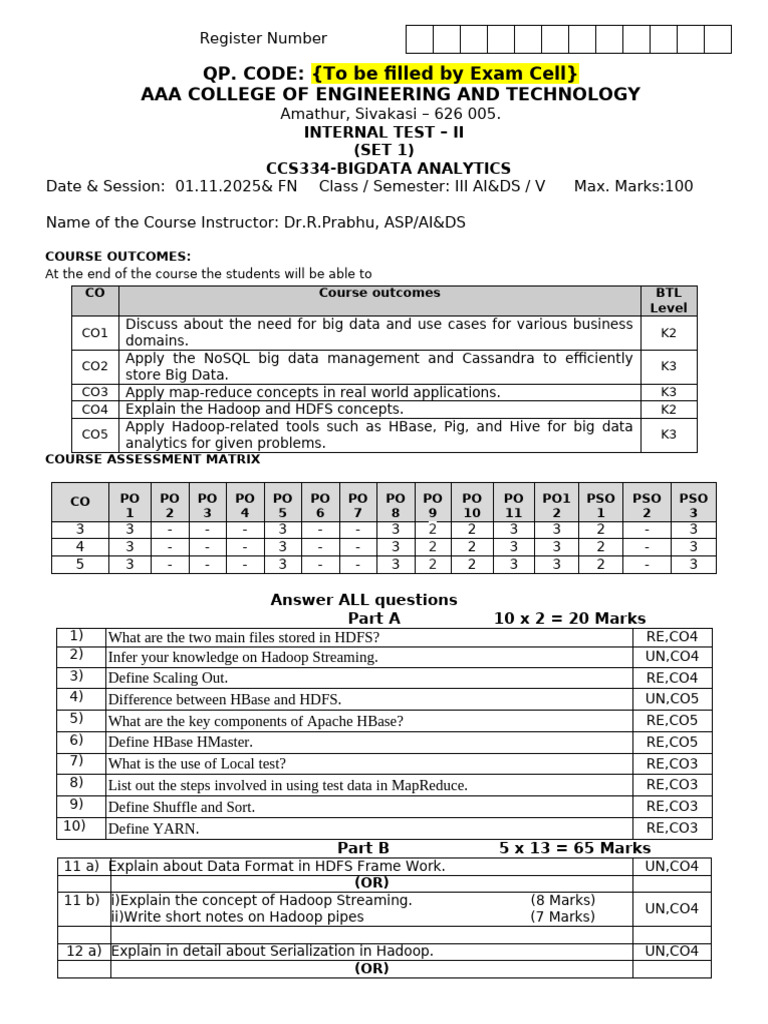 Big Data Analytics Internal Test II | PDF | Apache Hadoop | Information ...