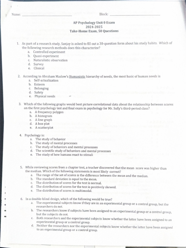 AP Psychology Unit 0 Exam | PDF