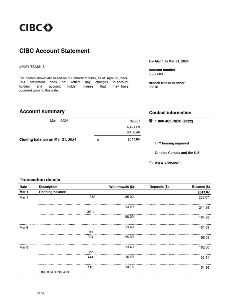 CIBC Mar 2024 Account Statment | PDF | Debit Card | Visa Inc.