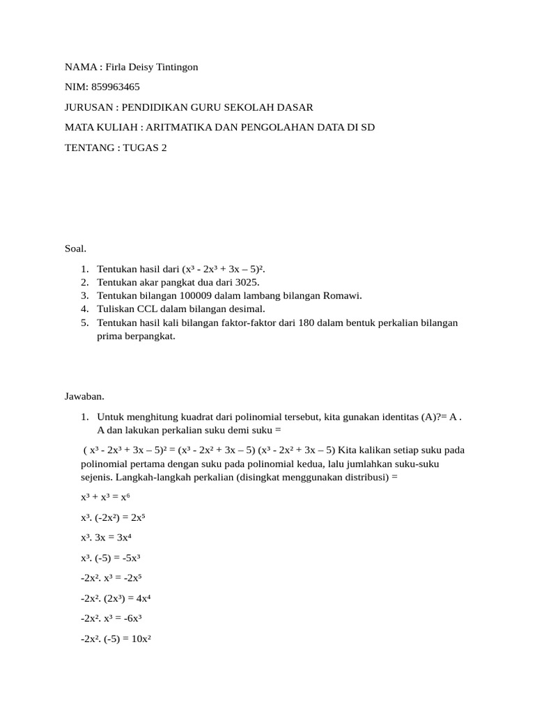 Tugas Matematika: Aritmatika SD | PDF