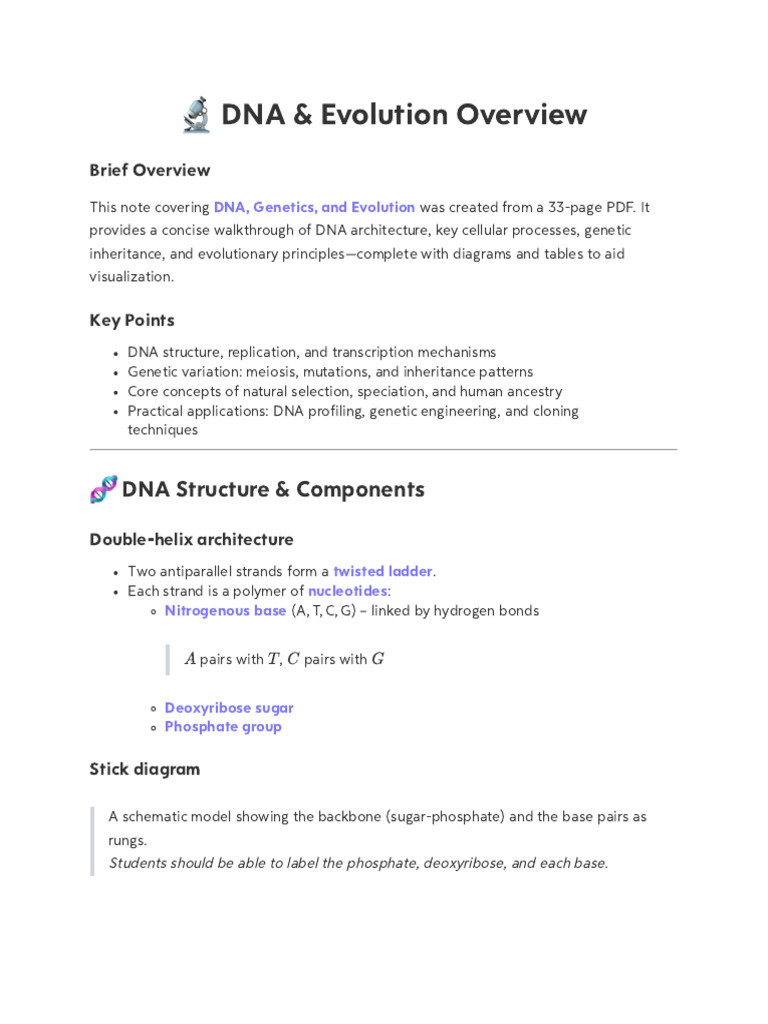 DNA, Genetics, and Evolution Overview | PDF | Meiosis | Dna