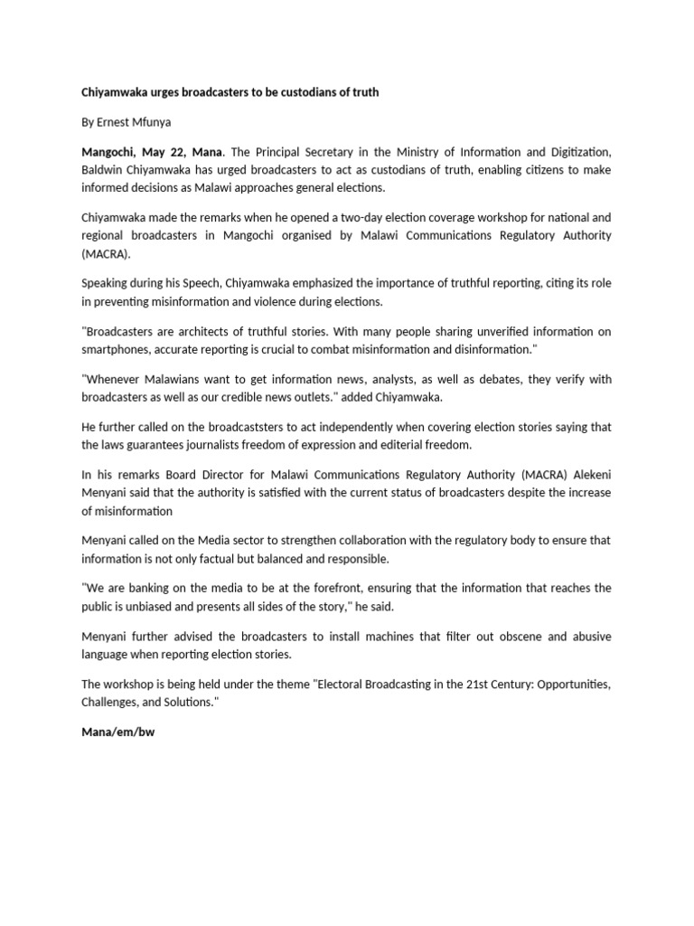 Chiyamwaka Urges Broadcasters To Be Custodians of Truth | PDF