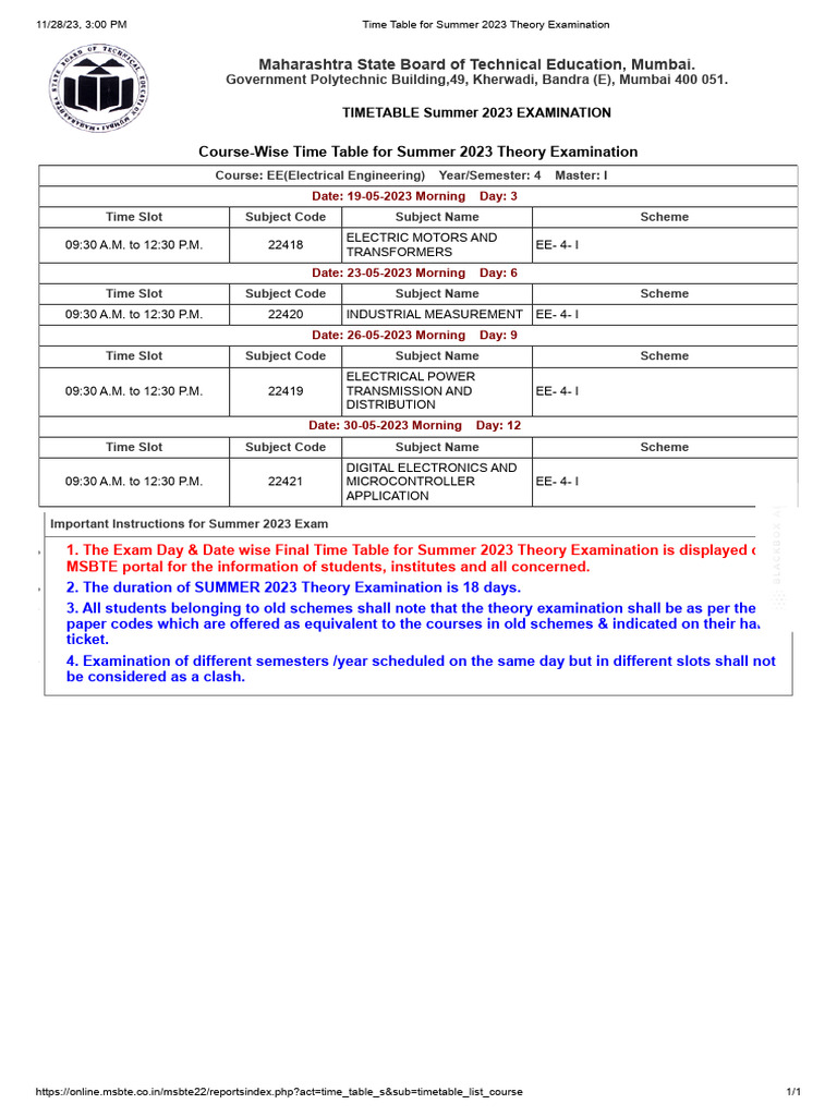 Summer 2023 EE Exam Timetable | PDF | Electrical Engineering