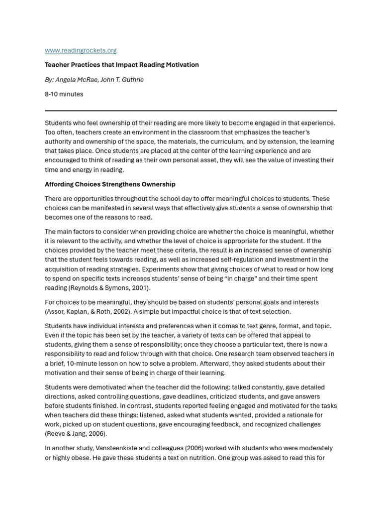 Teacher Practices That Impact Reading Motivation | PDF | Teachers ...